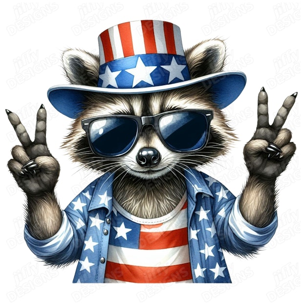 Patriotic Raccoon Flashing Peace Signs in Stars and Stripes Attire ...