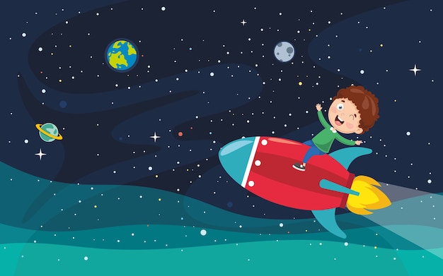 Cheerful Boy Riding Rocket in Starry Space Illustration | Jiffy Designs