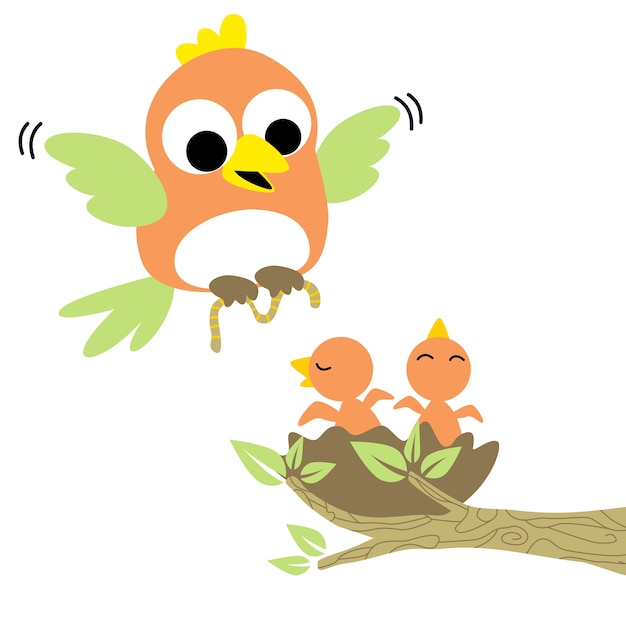 Cartoon Mother Bird Feeding Her Chicks in a Nest | Jiffy Designs
