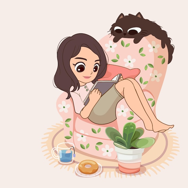 Cozy Morning Cartoon Illustration of a Relaxed Girl | Jiffy Designs