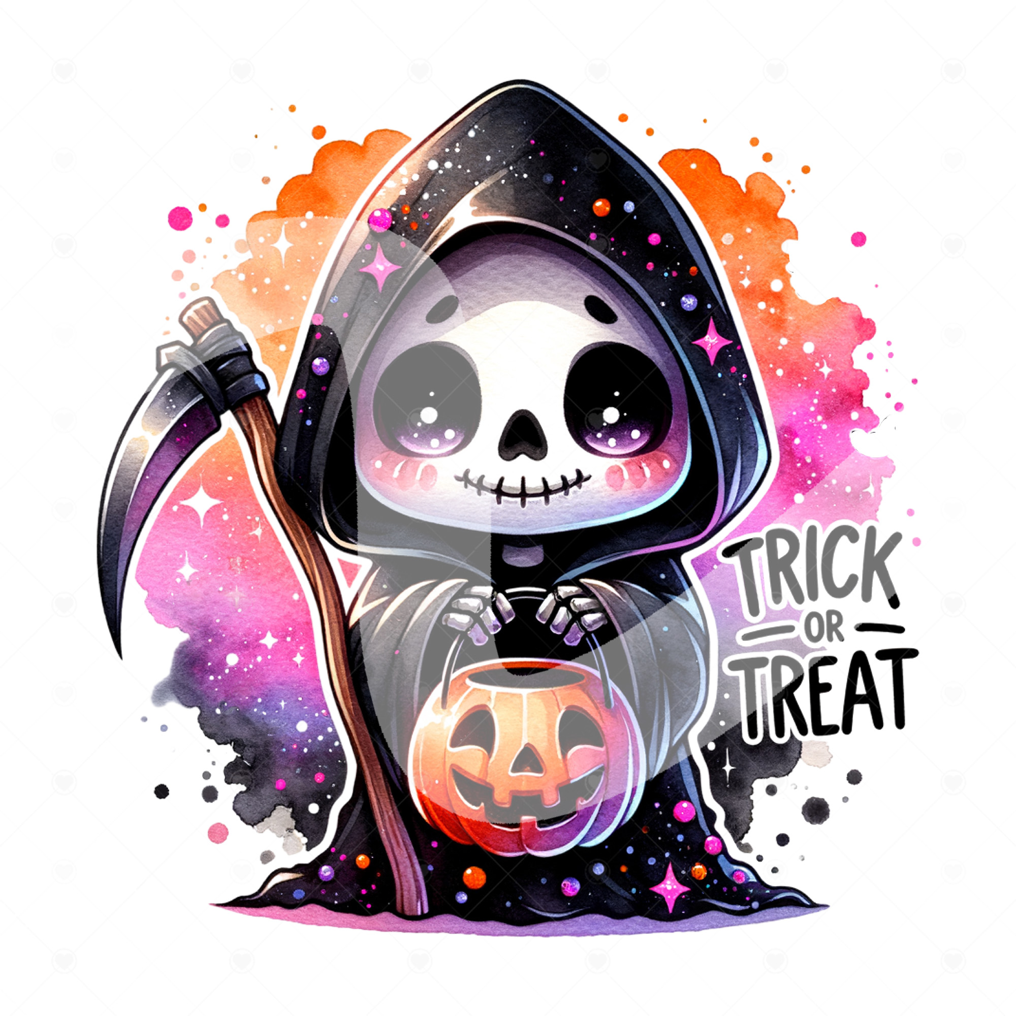'Trick or Treat' Adorable Grim Reaper with Pumpkin Bucket in Vibrant ...