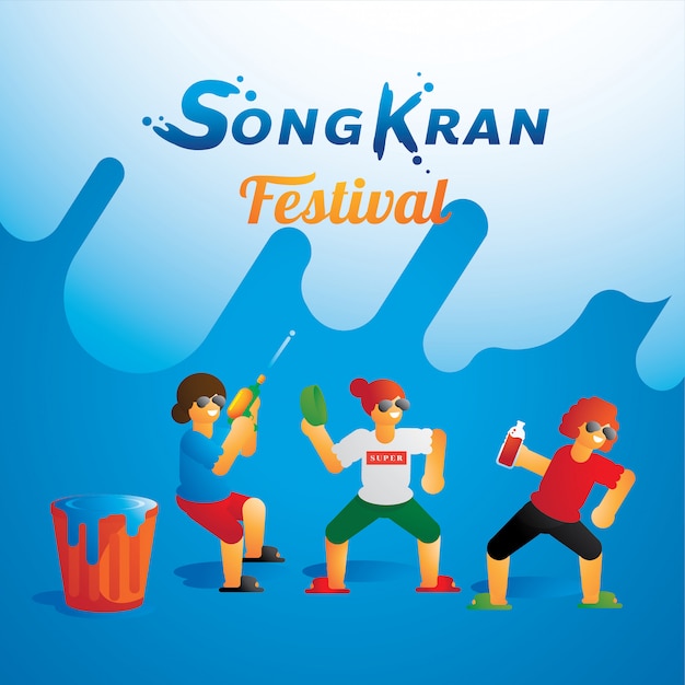 Vibrant Songkran Festival Illustration with Joyful Water Splashers ...
