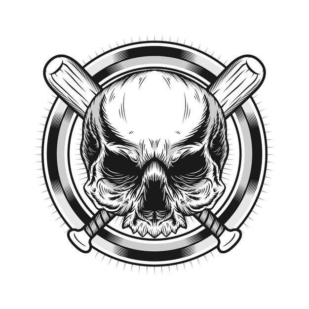 Menacing Skull with Crossed Baseball Bats in Circular Emblem | Jiffy ...