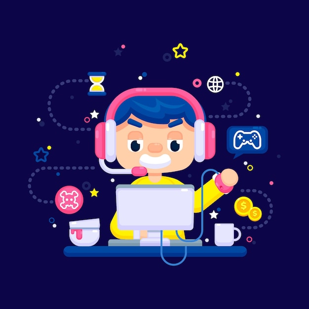 Cheerful Gamer Girl Surrounded by Fun Icons | Jiffy Designs