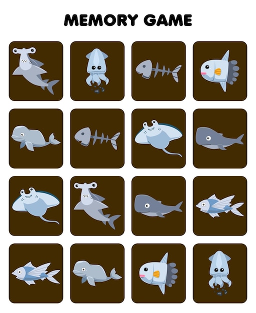 Diverse Collection of Whimsical Sea Creature Memory Game Icons | Jiffy ...