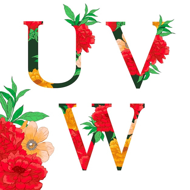 Vibrant Floral Alphabet Letters UVW with Tropical Leaves and Flowers ...