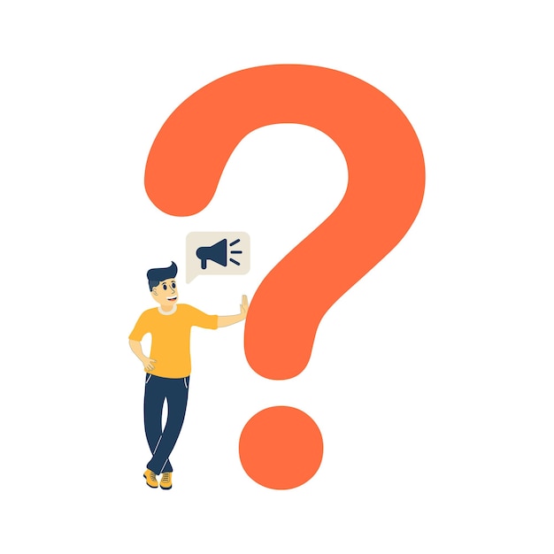 Curious Man Pondering a Perplexing Question with Megaphone | Jiffy Designs