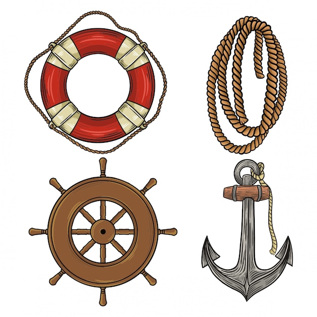 Nautical Essentials: Life Preserver, Rope, Ship Wheel, and Anchor ...
