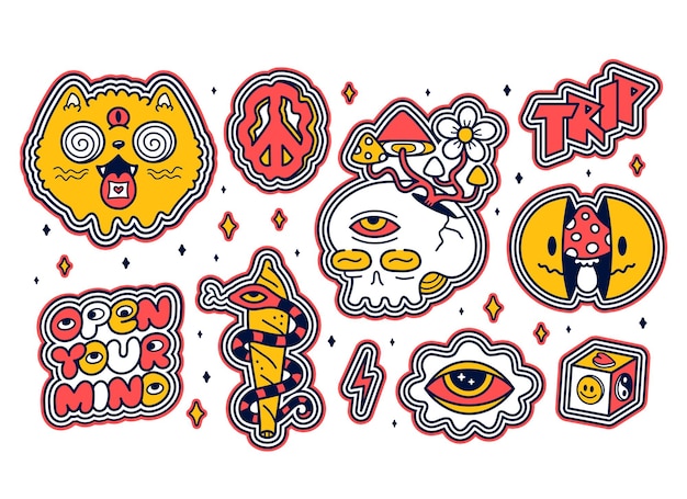 Vibrant Retro-Inspired Sticker Collection with Whimsical Symbols and ...