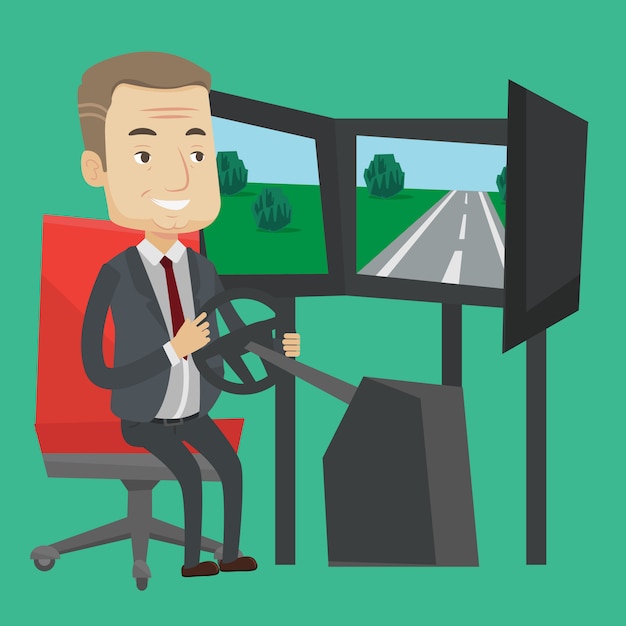Businessman Navigating Multi-Screen Driving Simulator | Jiffy Designs