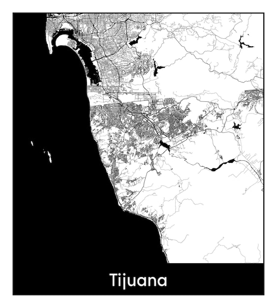 Tijuana City Map - Detailed Monochrome Topographical Illustration ...