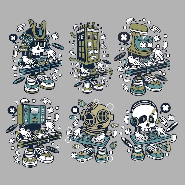 Collection of Six Urban Style Skull Characters with Accessories | Jiffy ...