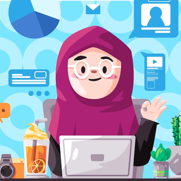 Smiling Hijabi Woman Using Laptop in Vibrant Tech Scene | Jiffy Designs