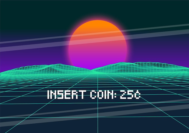 Retro Sunset Landscape with Neon Grid and Coin Prompt | Jiffy Designs
