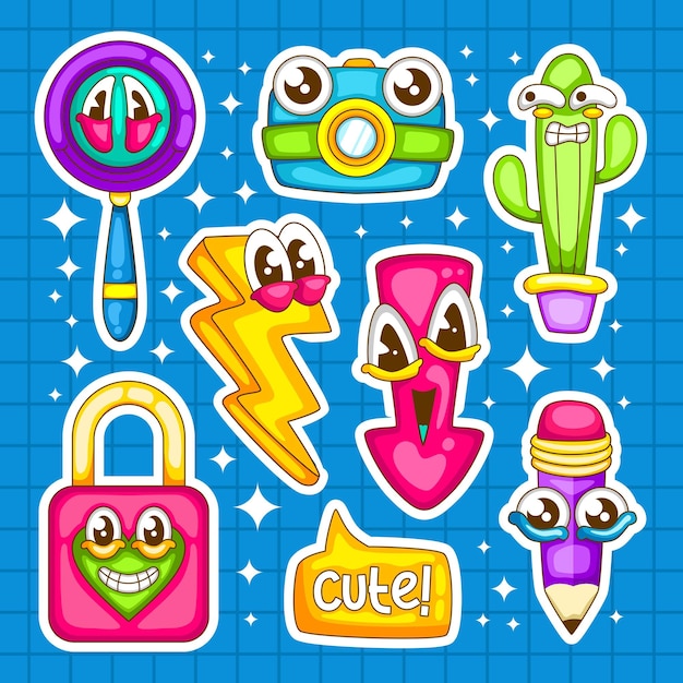 Playful Sticker Set of Vibrant Cartoon Characters and Symbols | Jiffy ...