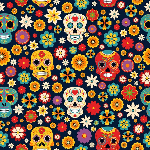 Vibrant Floral Skull Pattern with Colorful Blossoms | Jiffy Designs