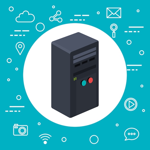 Stylized Computer Tower Icon with Network Symbols | Jiffy Designs