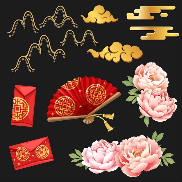 Vibrant Chinese-Inspired Graphic Elements on Black Background | Jiffy ...