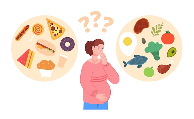 Pregnant Woman Pondering Healthy and Unhealthy Food Choices | Jiffy Designs