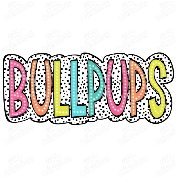 'Bullpups' Vibrant Polka-Dotted Letters with Colorful Gradient Fill ...