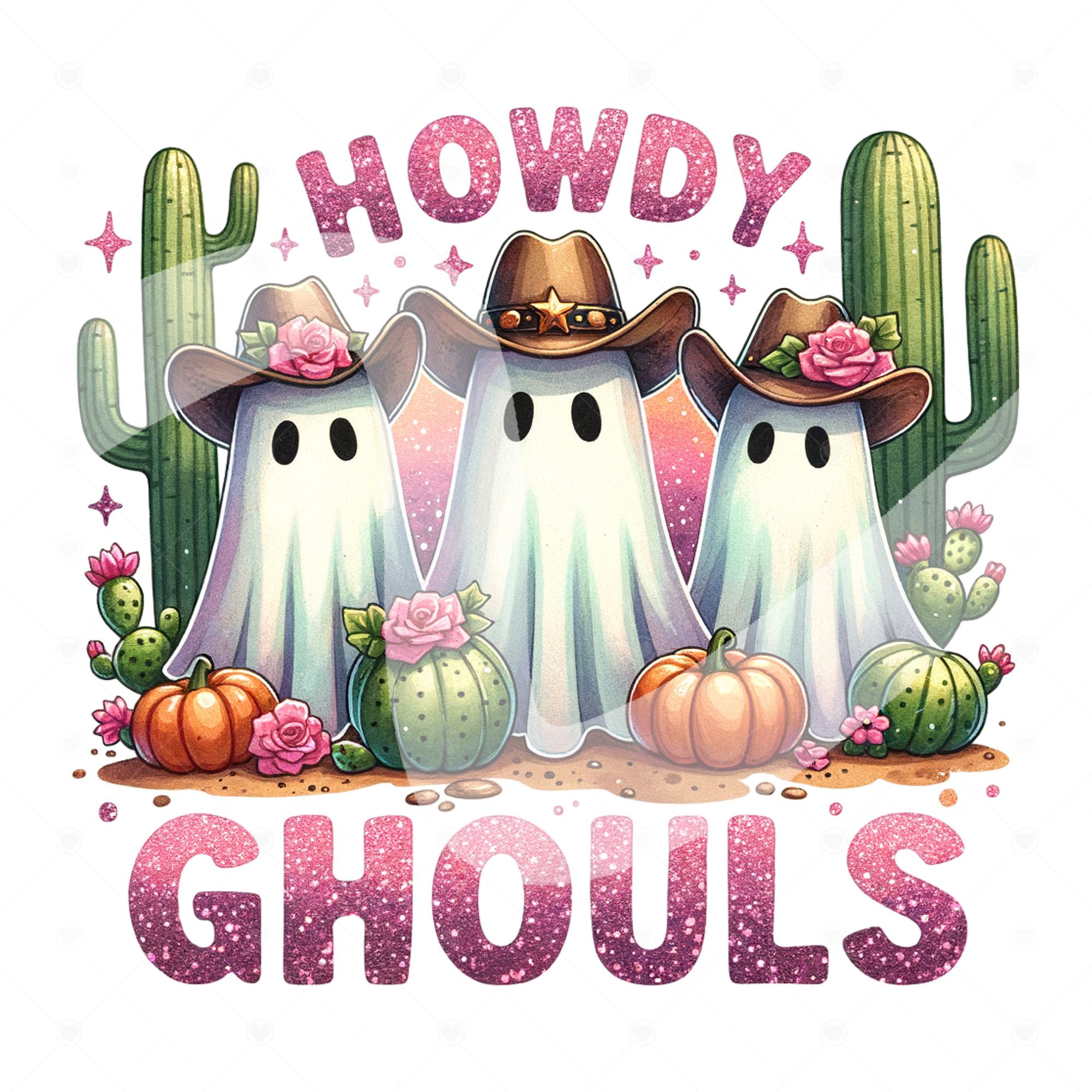 'Howdy Ghouls' Whimsical Western-Themed Halloween Ghost Trio with Cacti ...
