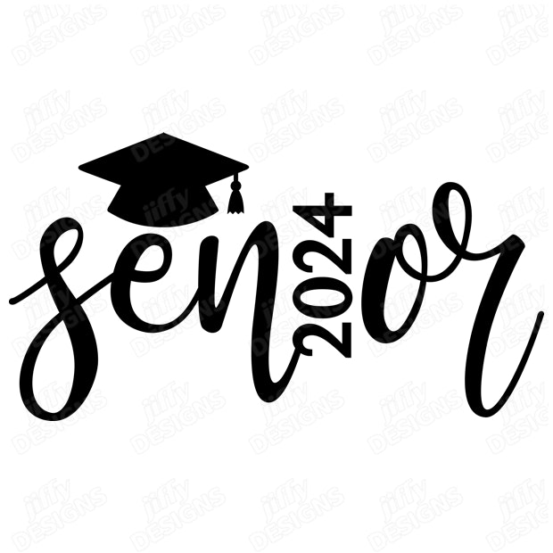 'Senior 2024' Elegant Cursive Script with Graduation Cap | Jiffy Designs