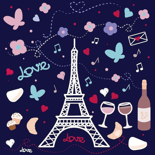 Romantic Parisian Symbols and Icons on Starry Night Sky | Jiffy Designs