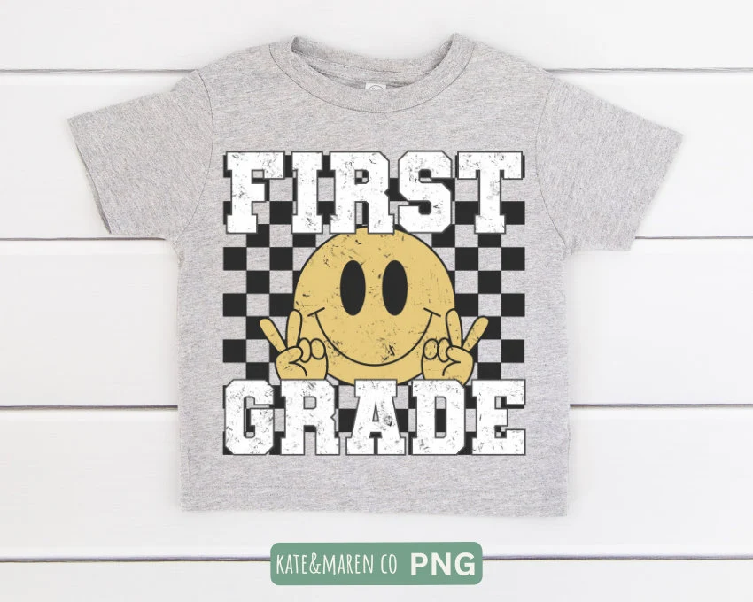 'First Grade' Retro Smiley Face on Checkered Background with Peace ...