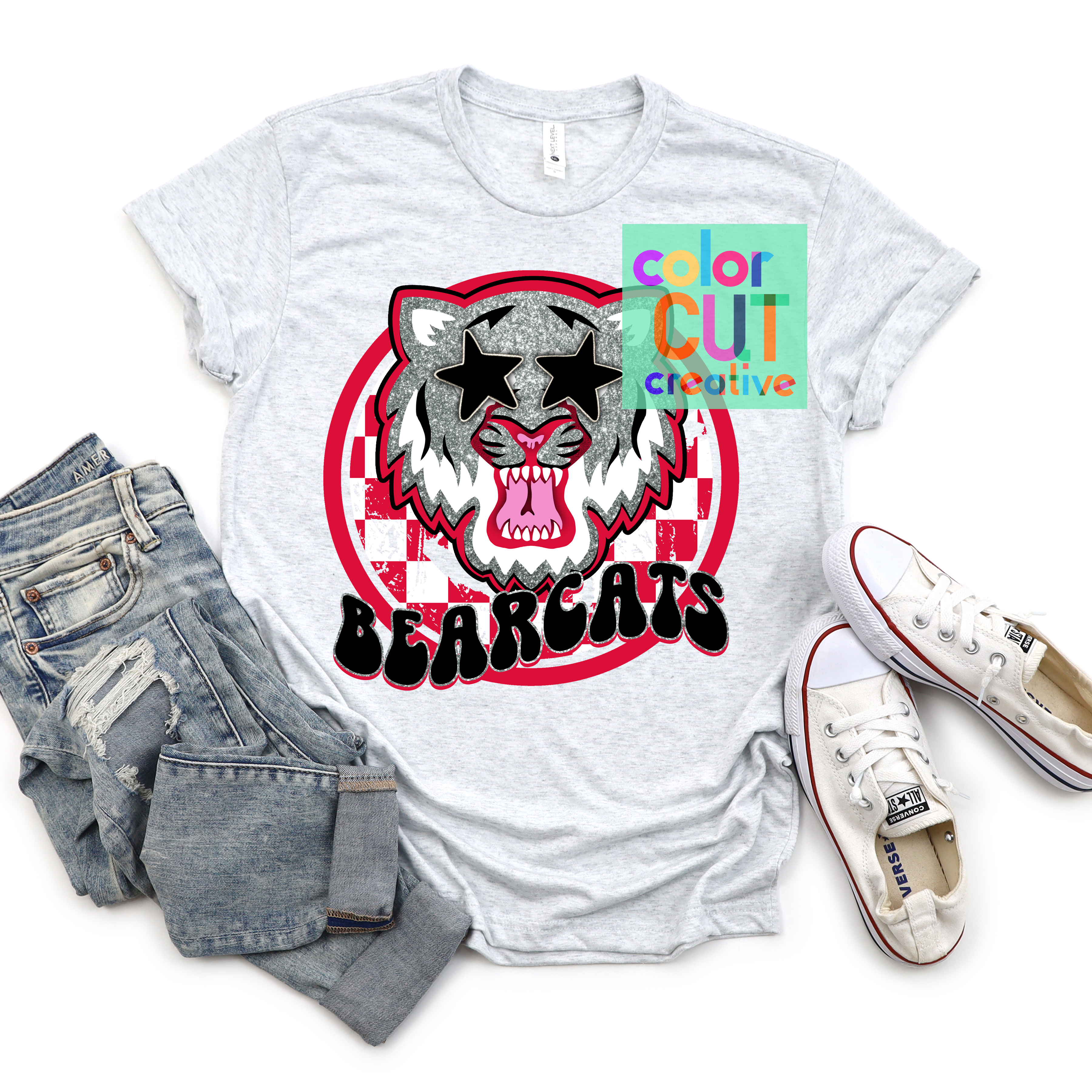 'Bearcats' Fierce Feline Mascot with Star Eyes and Checkered Background ...