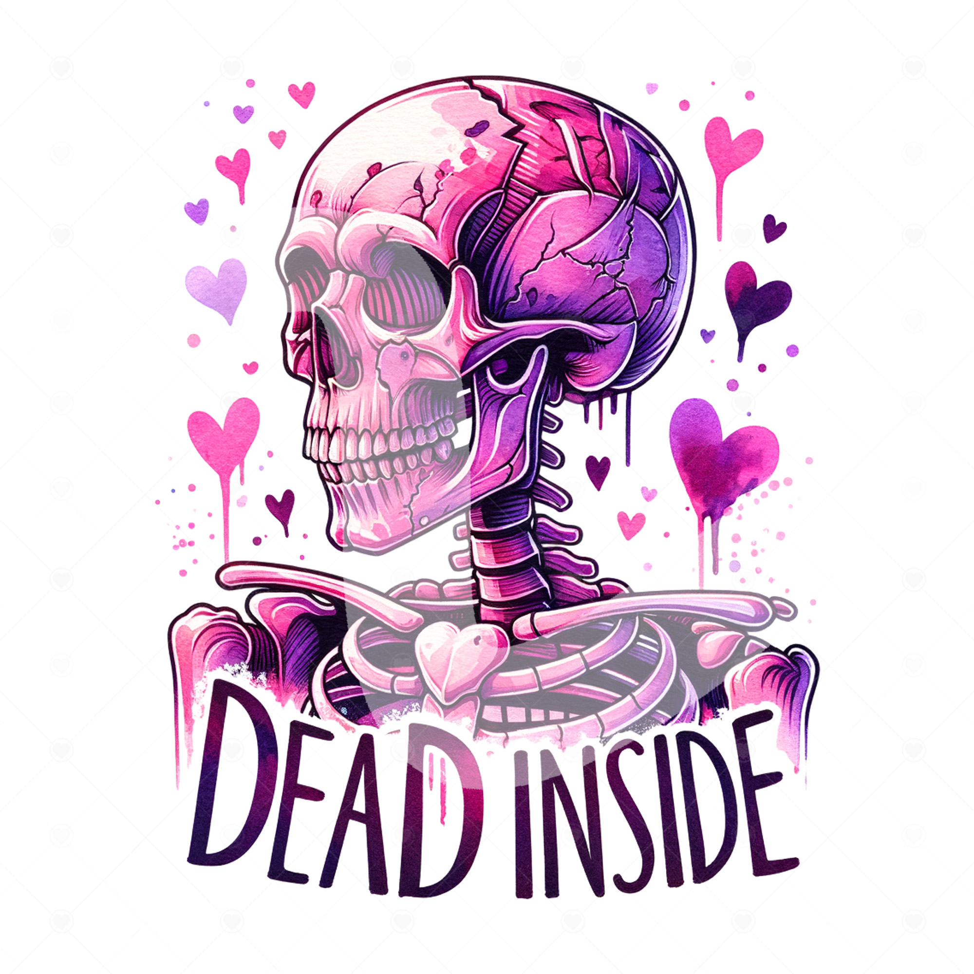 'Dead Inside' Vibrant Skull with Hearts and Dripping Paint Accents ...