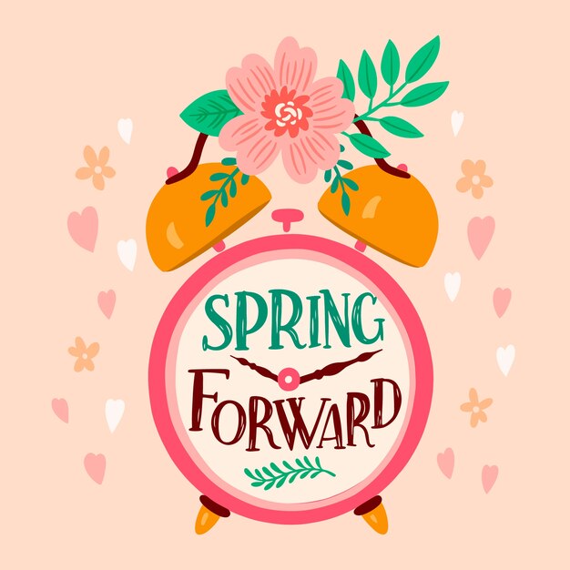 Vibrant Spring Forward Floral Illustration with Clocks and Text | Jiffy ...