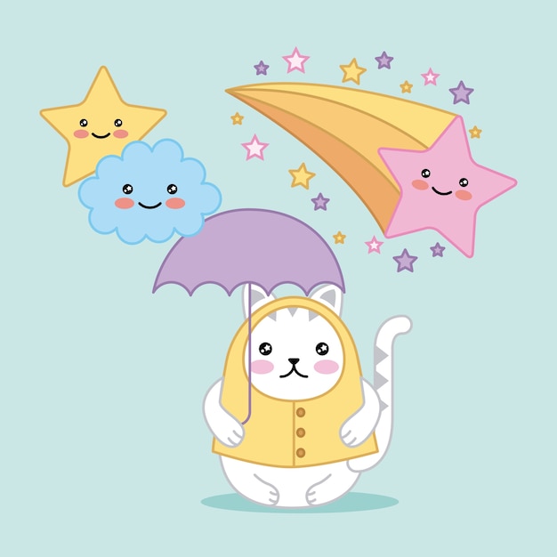 Cute Kawaii Characters: Rainy Day with Smiling Stars and Cat | Jiffy ...