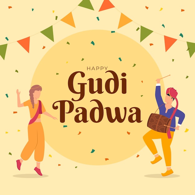 Vibrant Gudi Padwa Celebration with Dancing Figures and Bunting | Jiffy ...
