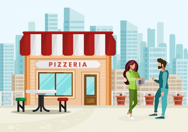 Vibrant Pizzeria Storefront in Bustling City Skyline | Jiffy Designs