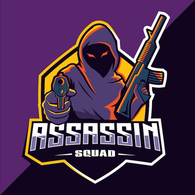 Masked Assassin with Assault Rifle in Action-Packed Emblem | Jiffy Designs
