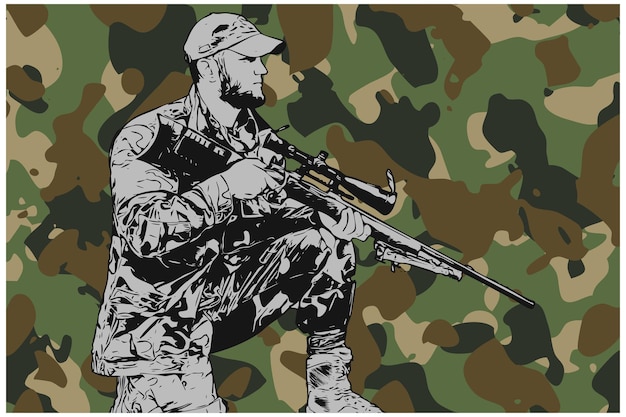 Camouflaged Soldier Wielding Assault Rifle in Dramatic Pose | Jiffy Designs