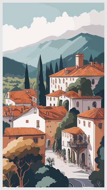 Charming Hillside Town with Terracotta Rooftops and Mountain Vistas ...