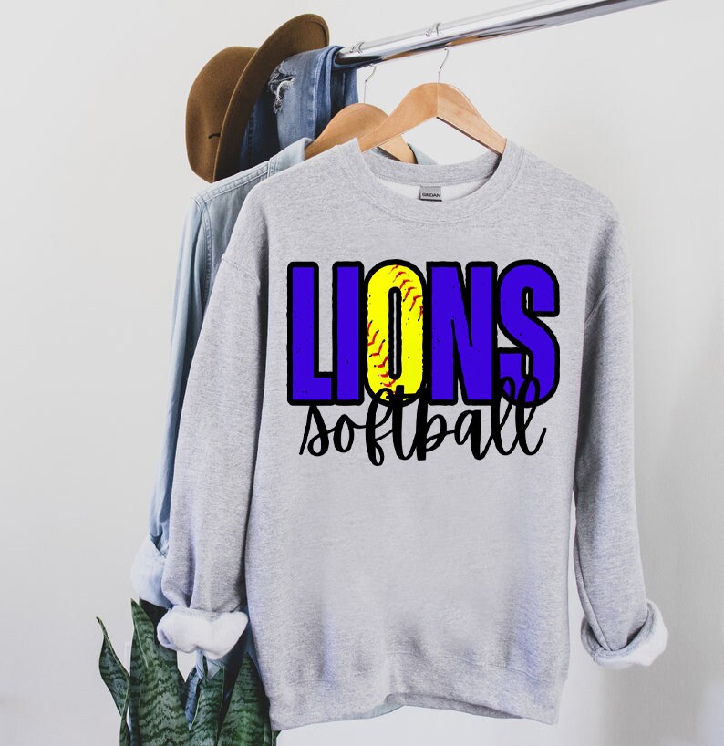 'Lions Softball' Bold Text with Softball Stitching and Script Accent ...