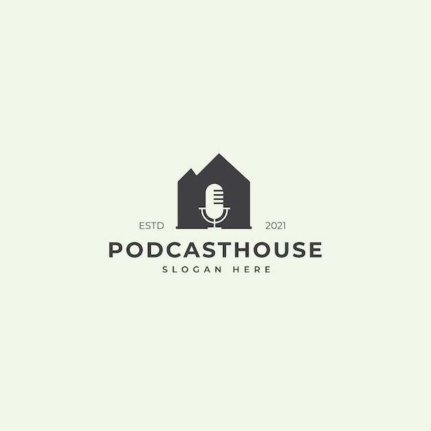 Minimalist Podcast Studio Logo with Microphone and House | Jiffy Designs