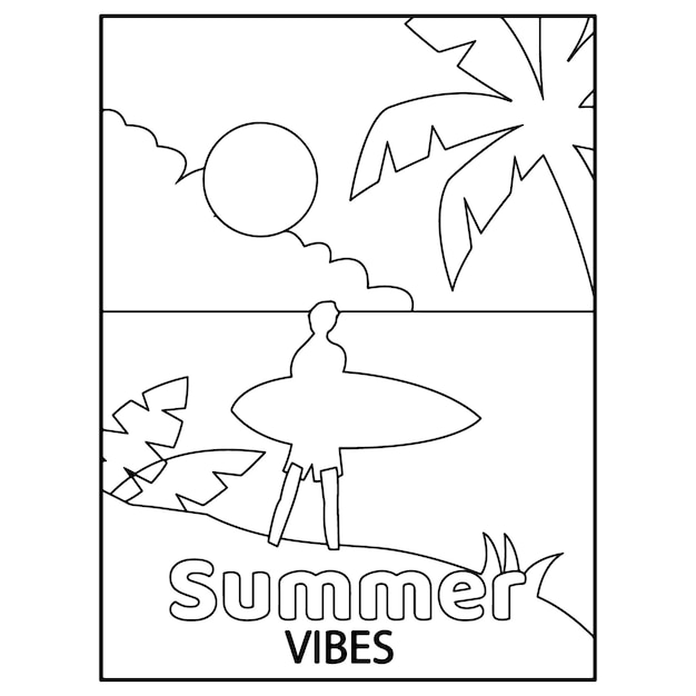 Summer Vibes Line Art Illustration with Surfboard and Nature | Jiffy ...