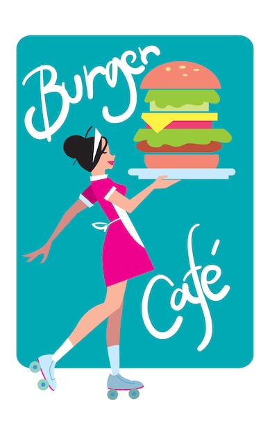 Vibrant Burger Cafe Sign with Roller-Skating Waitress | Jiffy Designs