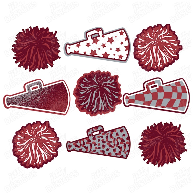 Maroon and White Cheerleading Icons Featuring Pom Poms and Megaphones ...