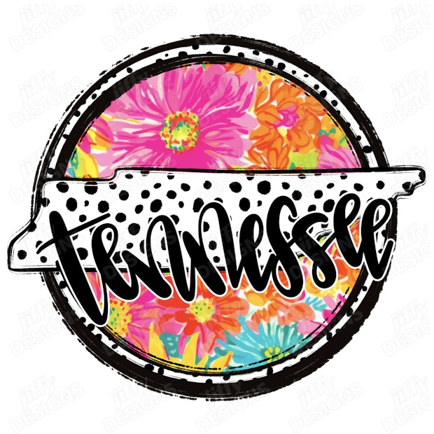 'Tennessee' Vibrant Floral Circle with Polka Dot Border and Handwritten ...