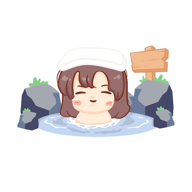 Cute Anime Girl Relaxing in Outdoor Hot Spring | Jiffy Designs