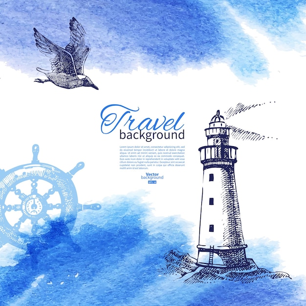 Serene Coastal Lighthouse and Seabird Silhouettes on Watercolor ...