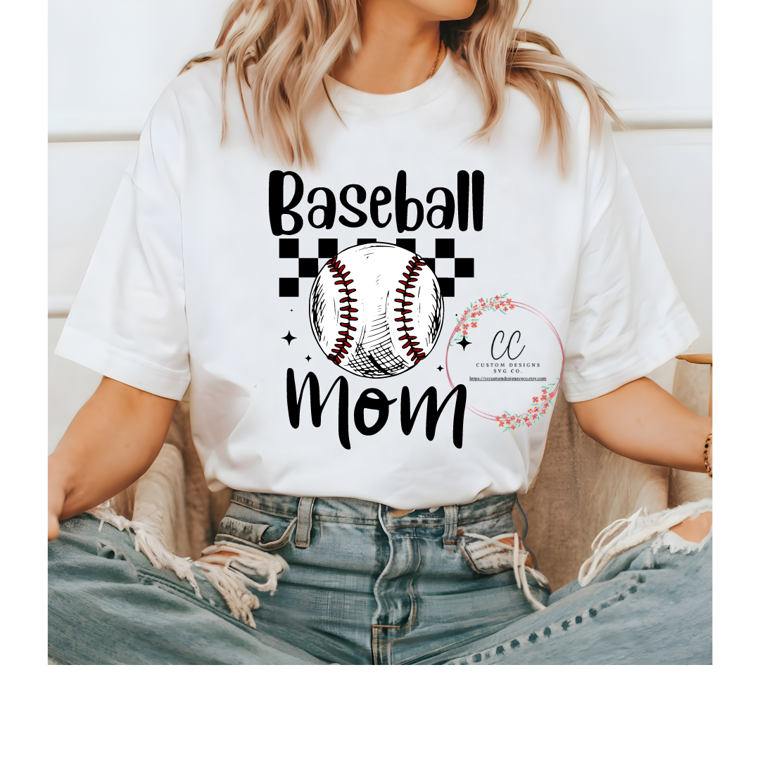 'Baseball Mom' Bold Typography with Checkered Pattern and Detailed Ball ...