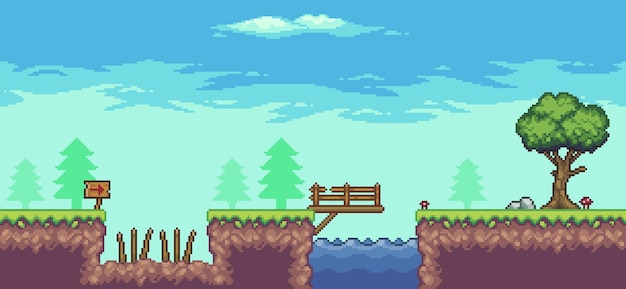 Serene Pixel Art Landscape with River and Bench | Jiffy Designs