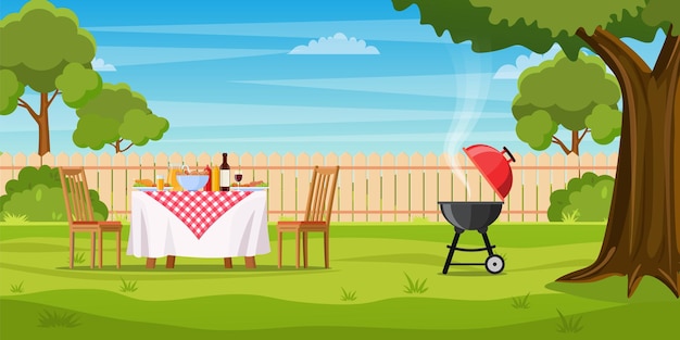 Outdoor Backyard Barbecue Scene with Picnic Table and Grill | Jiffy Designs