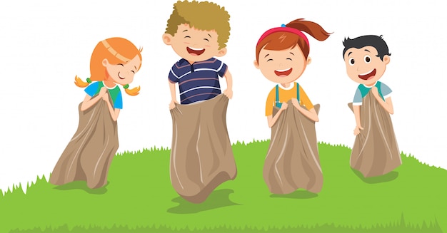 Joyful Children Hopping in Sack Race on Grassy Field | Jiffy Designs