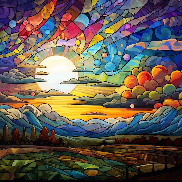 Vibrant Stained Glass Sunset Landscape | Jiffy Designs